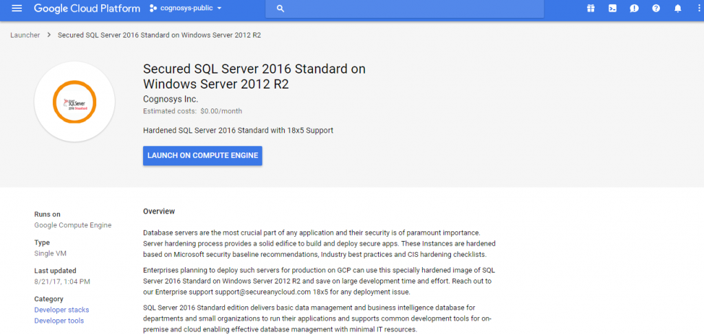 SQL Server 2016 Standard Edition on Cloud (AWS / Azure / Google Cloud)